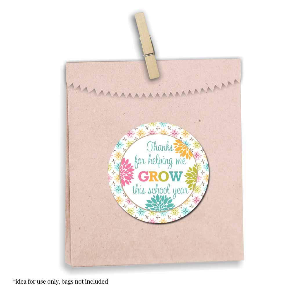 Helping Me Grow Flower Themed Teacher Appreciation Thank You Sticker Labels, 40 2" Party Circle Stickers by AmandaCreation, Great for Envelope Seals & Gift Bags