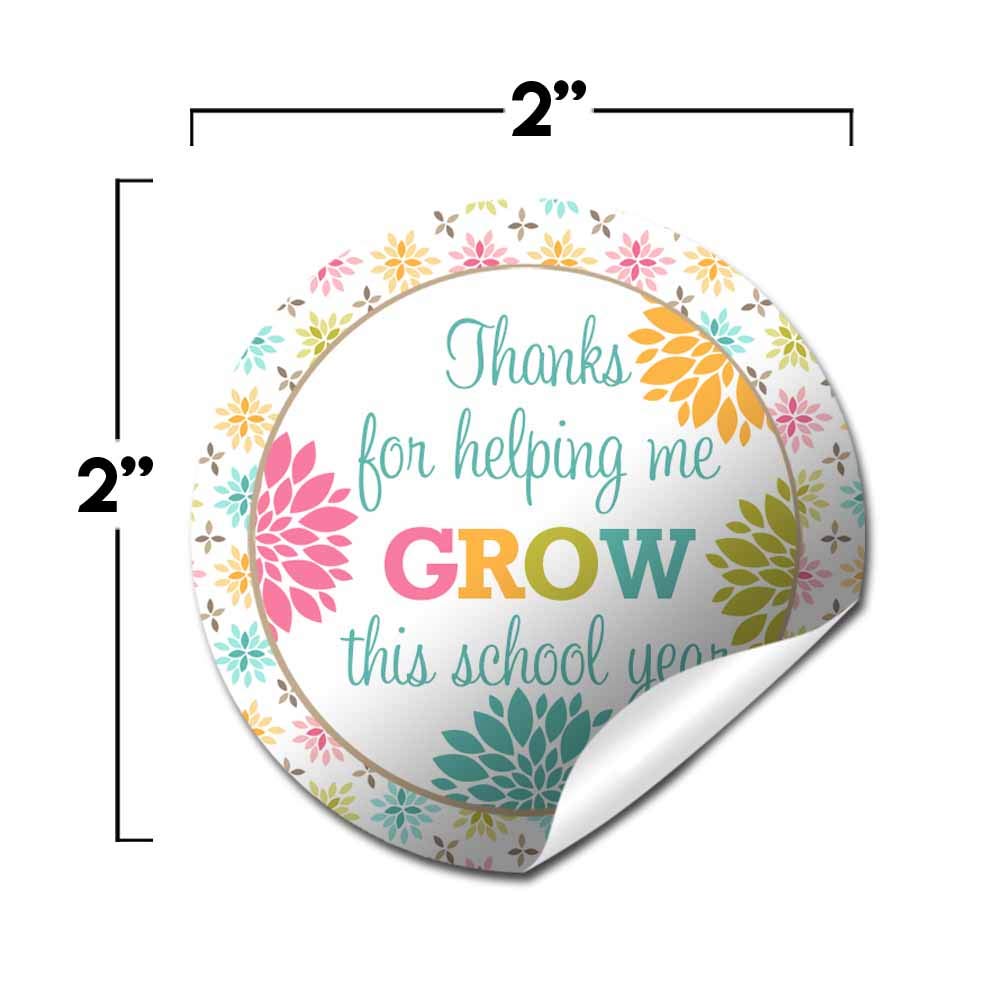 Helping Me Grow Flower Themed Teacher Appreciation Thank You Sticker Labels, 40 2" Party Circle Stickers by AmandaCreation, Great for Envelope Seals & Gift Bags