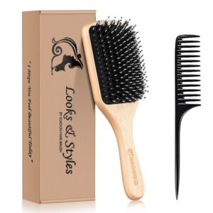 hair brush, sosoon boar bristle paddle hairbrush for long short thick thin curly straight wavy dry hair for men women kids, no more tangle, giftbox & tail comb included