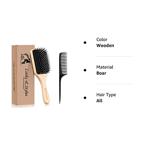 Hair Brush, Sosoon Boar Bristle Paddle Hairbrush for Long Short Thick Thin Curly Straight Wavy Dry Hair for Men Women Kids, No More Tangle, Giftbox & Tail Comb Included