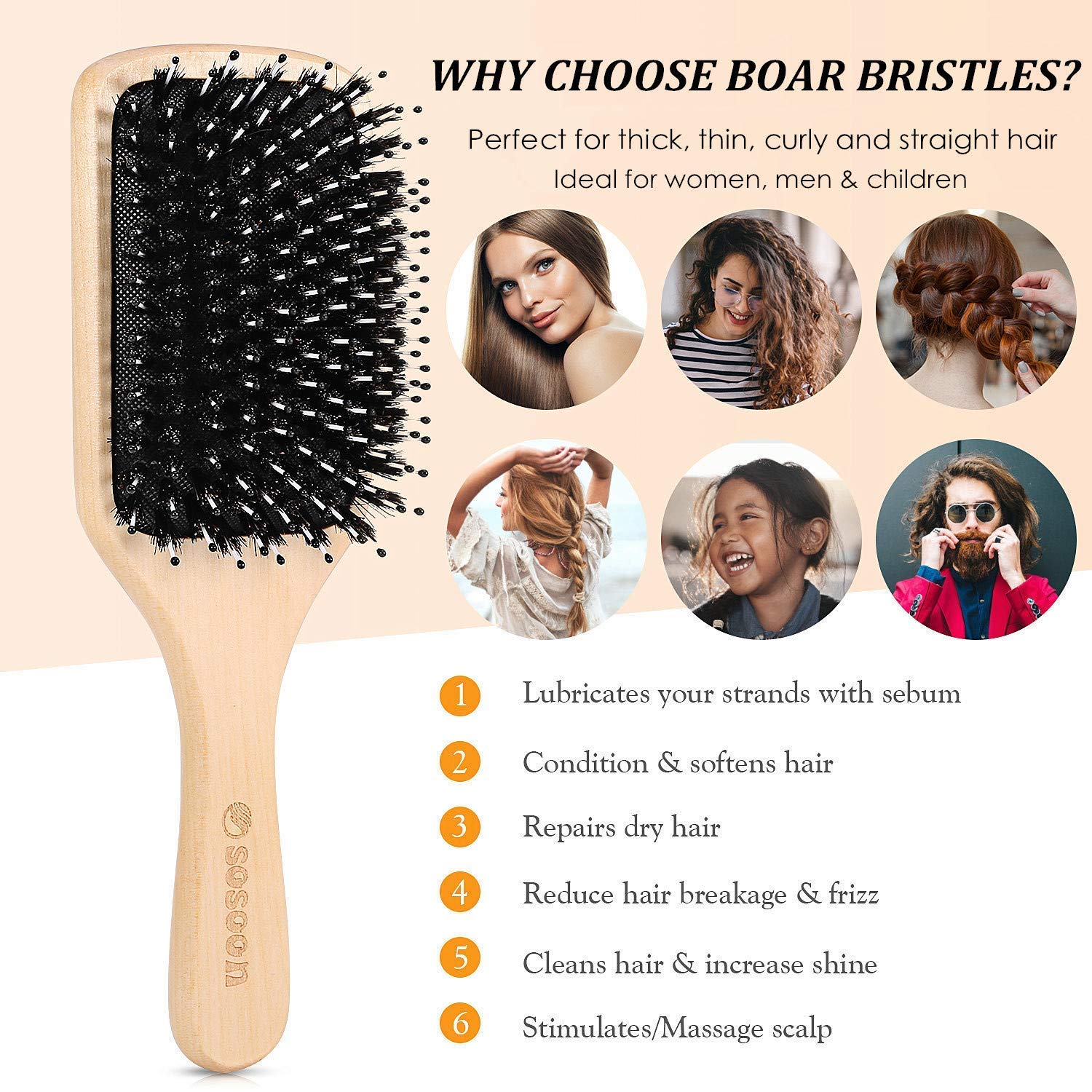 Hair Brush, Sosoon Boar Bristle Paddle Hairbrush for Long Short Thick Thin Curly Straight Wavy Dry Hair for Men Women Kids, No More Tangle, Giftbox & Tail Comb Included