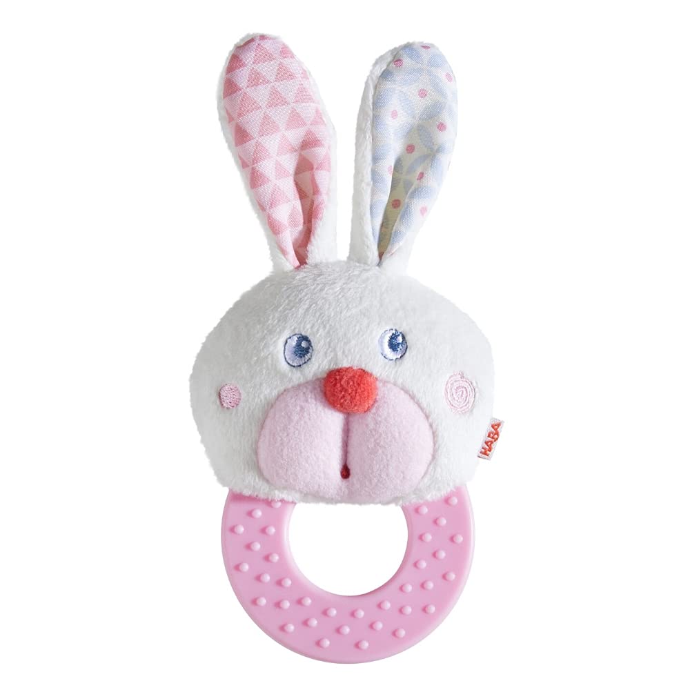 HABA Chomp Champ Bunny Teether - with Crinkle Ears and Plastic Teething Ring for Babies from Birth and Up