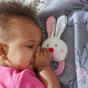 HABA Chomp Champ Bunny Teether - with Crinkle Ears and Plastic Teething Ring for Babies from Birth and Up