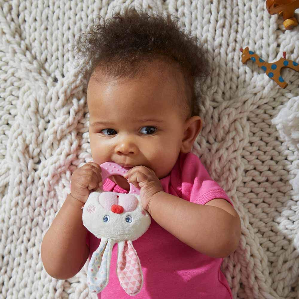 HABA Chomp Champ Bunny Teether - with Crinkle Ears and Plastic Teething Ring for Babies from Birth and Up