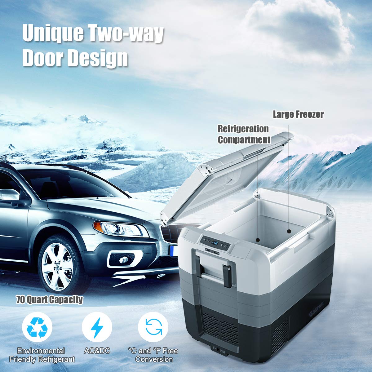 COSTWAY Portable Car Refrigerator, -14.8°F to 50°F, 70-Quart Compressor Travel Fridge with Two-way Open Door, Operating Panel, Groove Design, Compact RV Cooler and Freezer for Outdoor and Home Use