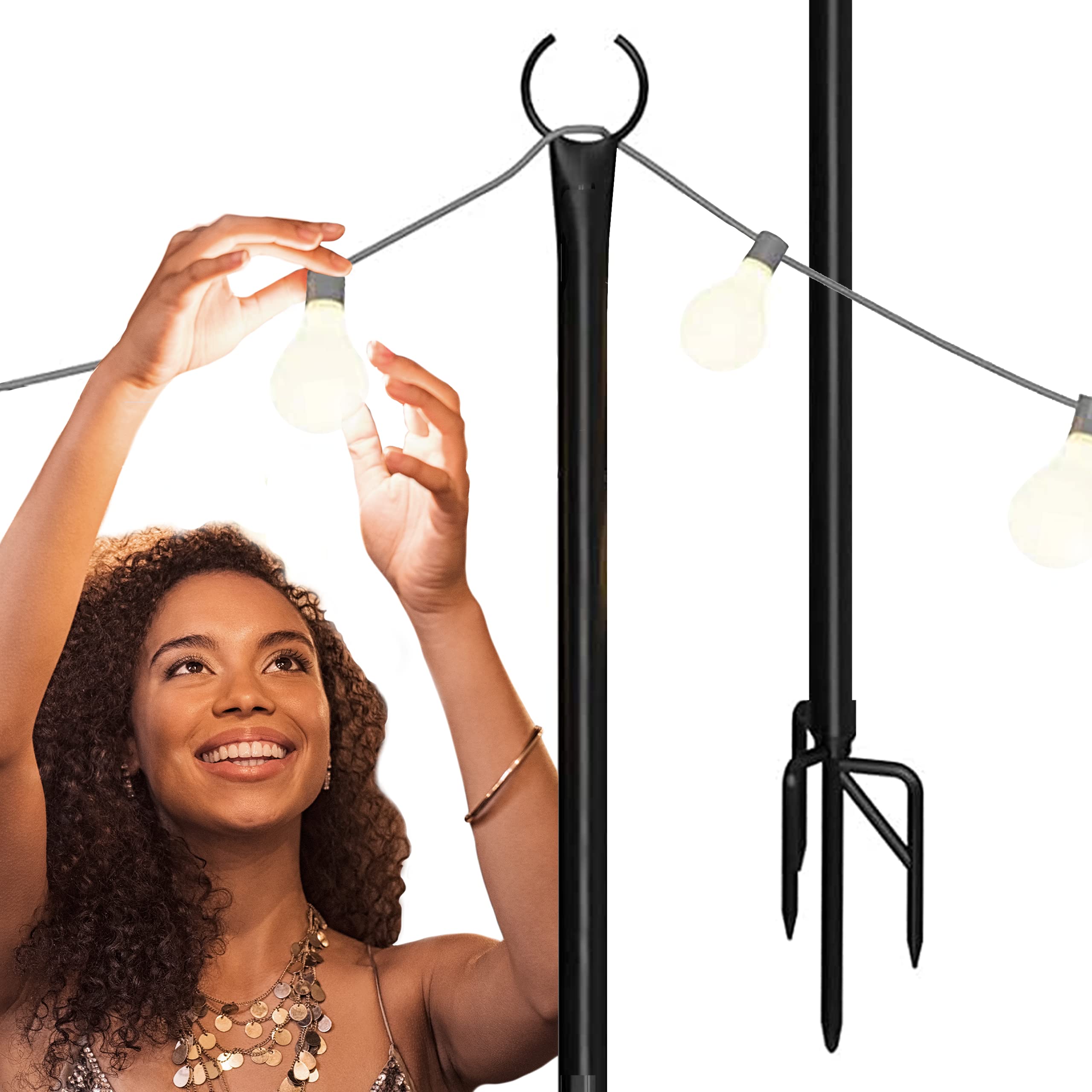 Holiday Styling String Light Poles for Outdoor String Lights - Metal Light Pole w/Hooks for Outdoor String Lighting - Patio Light Accessories Ideal for Backyard, Weddings, and Parties