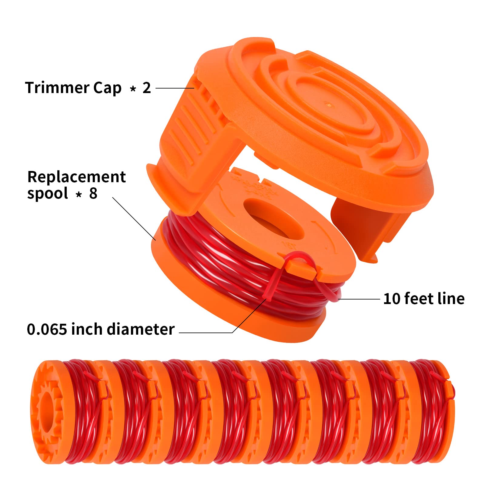 Generep Weed Eater String Replacement Trimmer Line for Worx WA0010 WG180 WG163 Spools,10 ft/0.065 Inch Trimmer String Refills Parts,WA6531 GT Spools Cap Cover(8 Spools, 2 Caps)