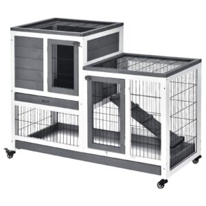 pawhut wooden rabbit hutch elevated bunny cage indoor small animal habitat with enclosed run with wheels, ramp, removable tray ideal for guinea pigs, grey