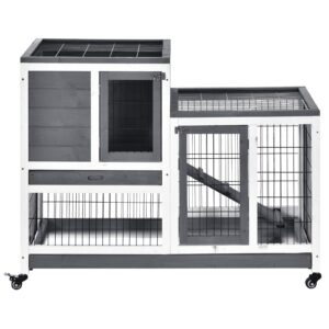 PawHut Wooden Rabbit Hutch Elevated Bunny Cage Indoor Small Animal Habitat with Enclosed Run with Wheels, Ramp, Removable Tray Ideal for Guinea Pigs, Grey