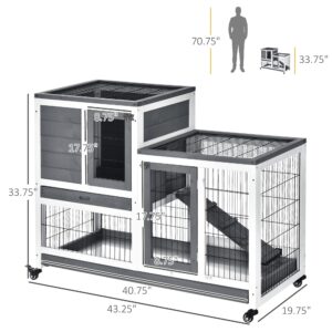 PawHut Wooden Rabbit Hutch Elevated Bunny Cage Indoor Small Animal Habitat with Enclosed Run with Wheels, Ramp, Removable Tray Ideal for Guinea Pigs, Grey