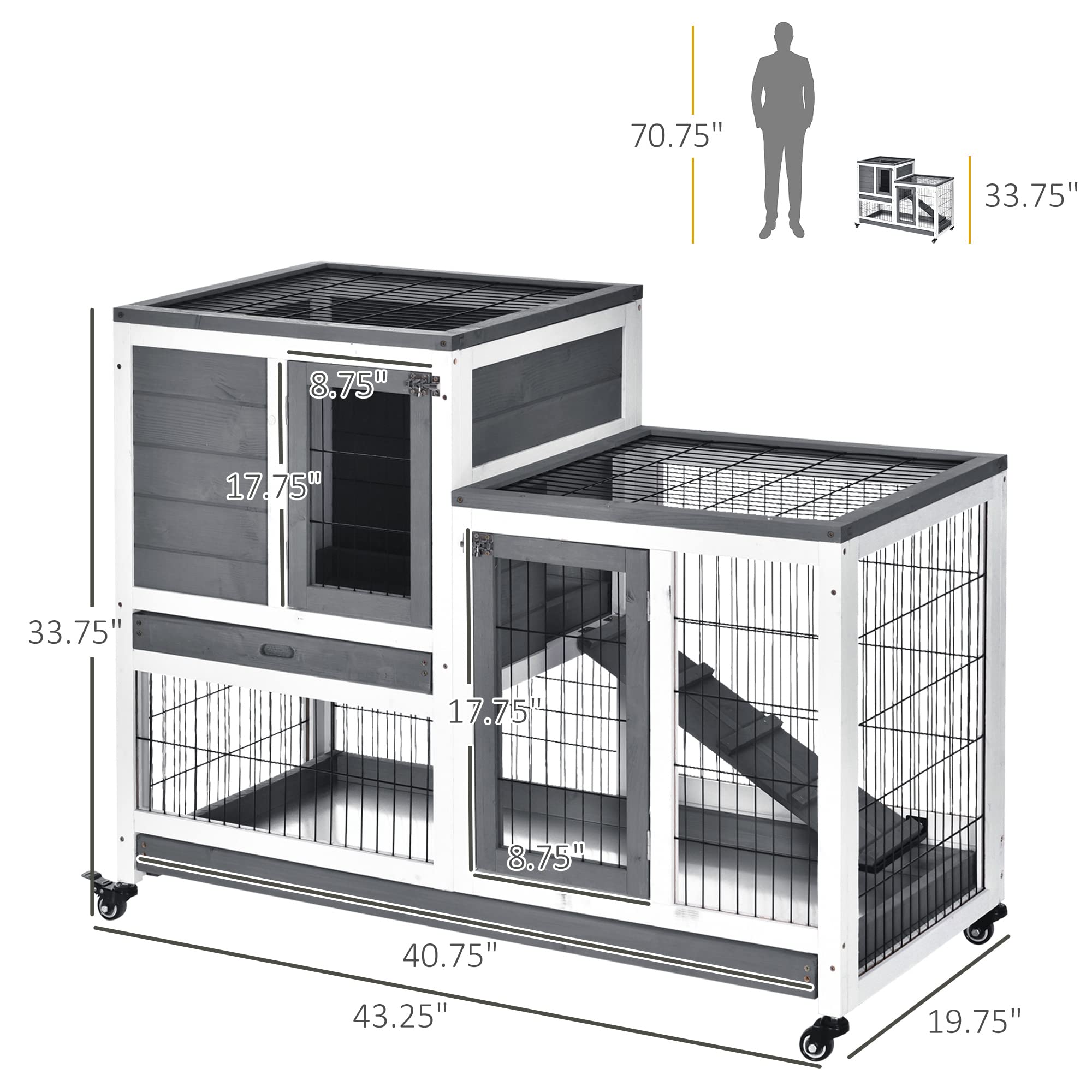 PawHut Wooden Rabbit Hutch Elevated Bunny Cage Indoor Small Animal Habitat with Enclosed Run with Wheels, Ramp, Removable Tray Ideal for Guinea Pigs, Grey