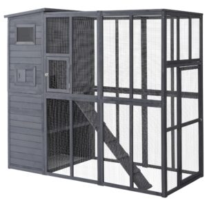 pawhut outdoor catio, cat house wooden feral cat shelter, cat cage with platforms, waterproof asphalt roof, ramps, 77" l, gray