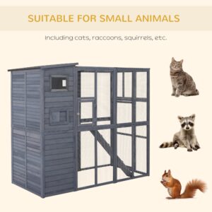 PawHut Outdoor Catio, Cat House Wooden Feral Cat Shelter, Cat Cage with Platforms, Waterproof Asphalt Roof, Ramps, 77" L, Gray