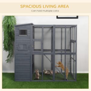 PawHut Outdoor Catio, Cat House Wooden Feral Cat Shelter, Cat Cage with Platforms, Waterproof Asphalt Roof, Ramps, 77" L, Gray