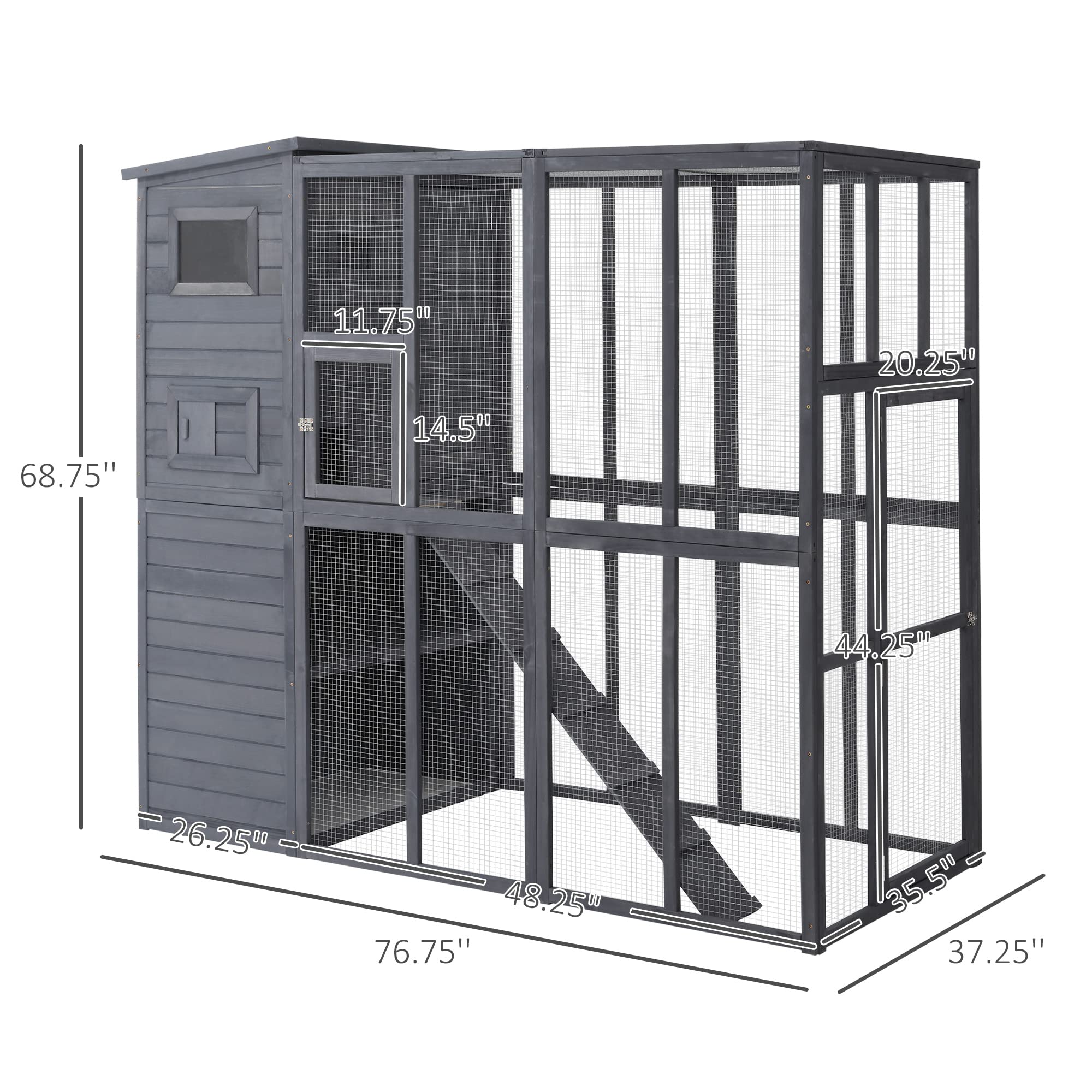 PawHut Outdoor Catio, Cat House Wooden Feral Cat Shelter, Cat Cage with Platforms, Waterproof Asphalt Roof, Ramps, 77" L, Gray