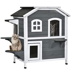 pawhut 2-story cat house outdoor, weatherproof wooden cat enclosure for feral cats with escape door, openable roof, jumping platforms, gray