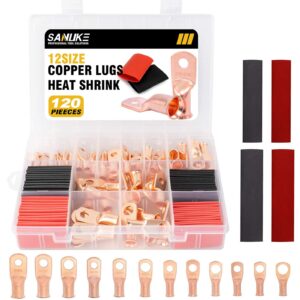 sanuke 120pcs awg 8 6 4 2 copper wire lugs with heat shrink set, 60pcs heavy duty battery cable closed end tubular ring terminals connectors with 60pcs heat shrink tubing