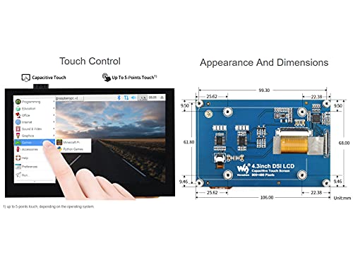 Waveshare 4.3inch Capacitive Touch Display Compatible with Raspberry Pi Pi 4B/3B+/3A+/3B/2B/B+/A+/CM3/3+/4 800×480 Resolution IPS Wide Angle MIPI DSI Interface