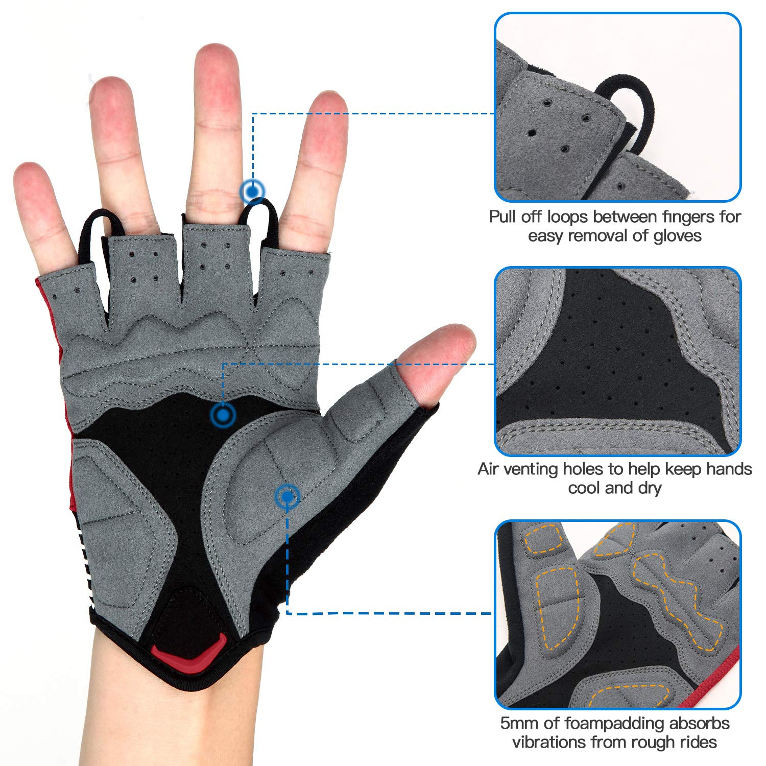 Souke Sports Cycling Bike Gloves Padded Half Finger Bicycle Gloves Shock-Absorbing Anti-Slip Breathable MTB Road Biking Gloves for Men/Women Red X-Large