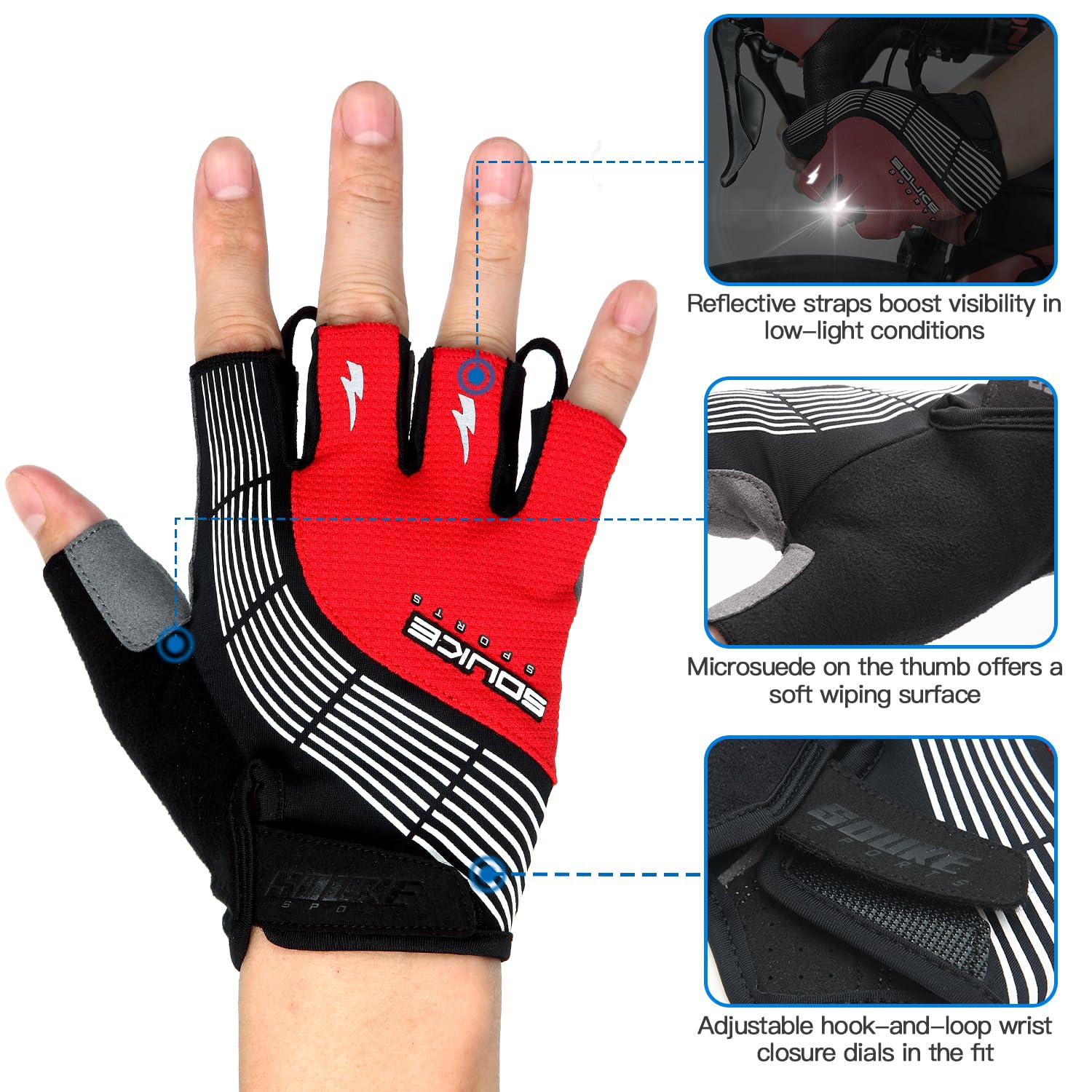 Souke Sports Cycling Bike Gloves Padded Half Finger Bicycle Gloves Shock-Absorbing Anti-Slip Breathable MTB Road Biking Gloves for Men/Women Red X-Large