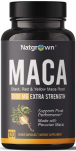 natgrown organic maca root powder capsules 1500 mg with black + red + yellow peruvian maca root extract supplement for men and women - vegan pills