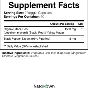 Natgrown Organic Maca Root Powder Capsules 1500 mg with Black + Red + Yellow Peruvian Maca Root Extract Supplement for Men and Women - Vegan Pills