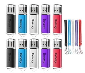 usb flash drives 1gb 10 pack, bosexy thumb drives cap design usb 2.0 stick with led indicator lanyards(5 mixed colors: black blue silver purple red)