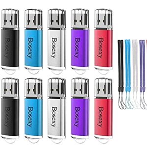 USB Flash Drives 1GB 10 Pack, Bosexy Thumb Drives Cap Design USB 2.0 Stick with Led Indicator Lanyards(5 Mixed Colors: Black Blue Silver Purple Red)