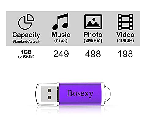 USB Flash Drives 1GB 10 Pack, Bosexy Thumb Drives Cap Design USB 2.0 Stick with Led Indicator Lanyards(5 Mixed Colors: Black Blue Silver Purple Red)