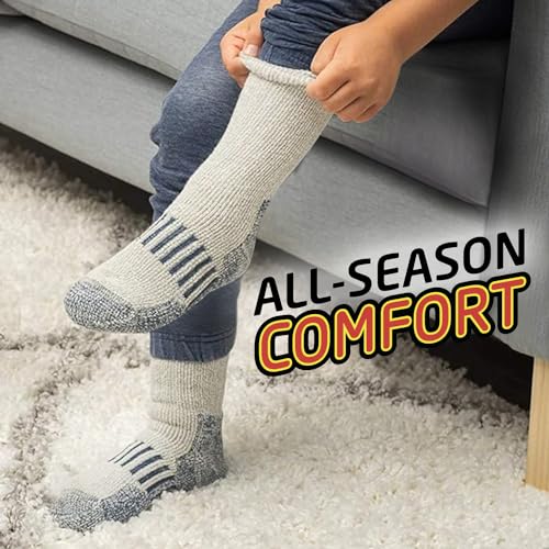 HOT FEET Cozy Wool Blend Kids Socks - Crew Winter Socks for Boys/Girls - 4 Pack, 5-11 Years, Grey/Blue