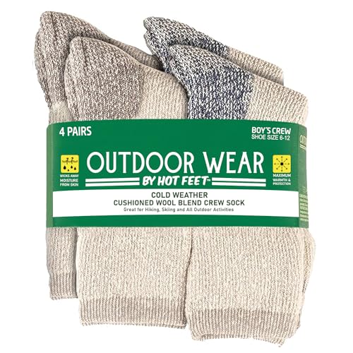 HOT FEET Cozy Wool Blend Kids Socks - Crew Winter Socks for Boys/Girls - 4 Pack, 5-11 Years, Grey/Blue