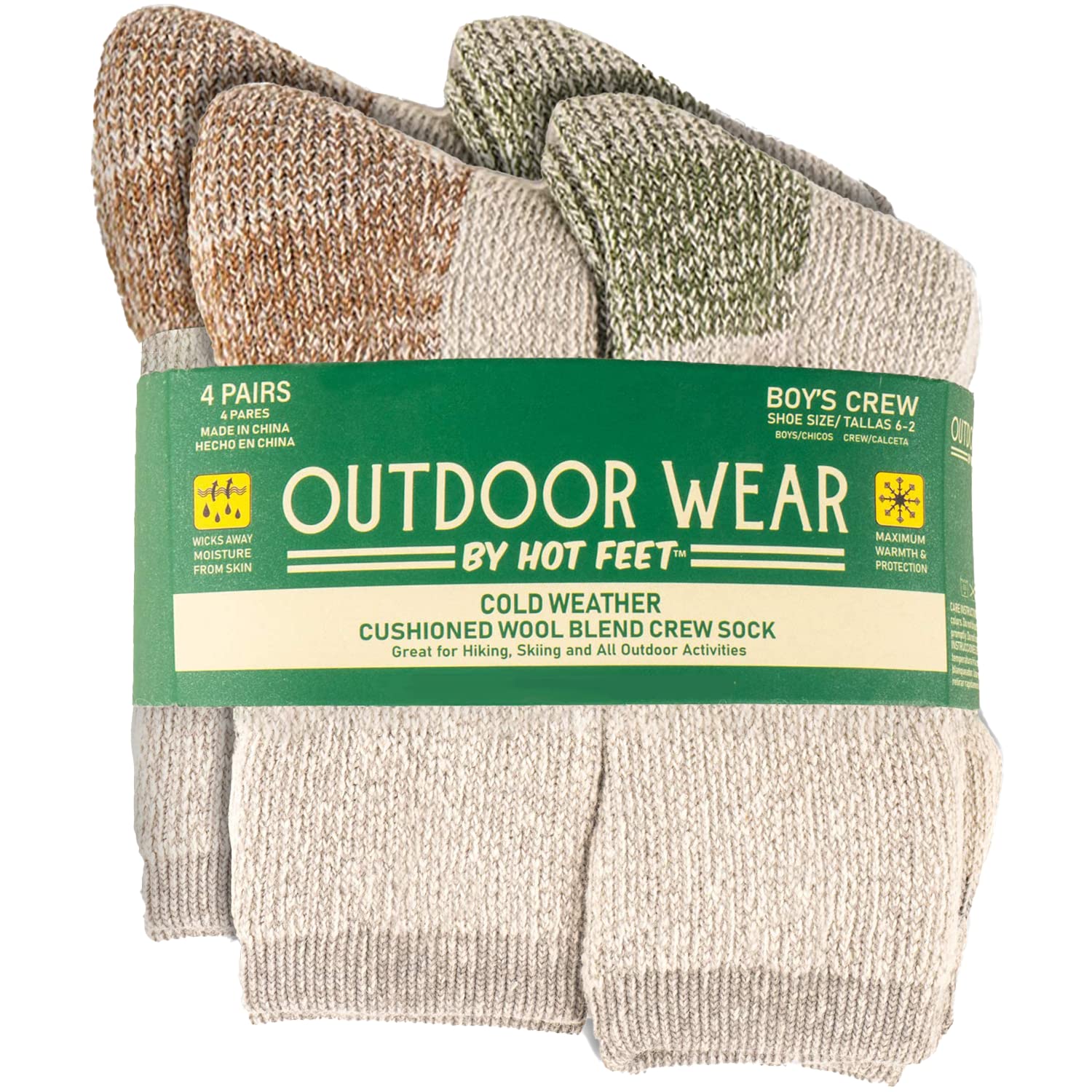 HOT FEET Cozy Wool Blend Kids Socks - Crew Winter Socks for Boys/Girls - 4 Pack, 5-11 Years, Green/Brown