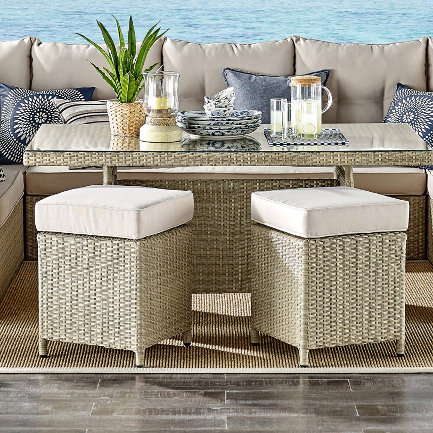 Canaan All-Weather Wicker Outdoor 17" H Square Stools with Cushions, Set of 2