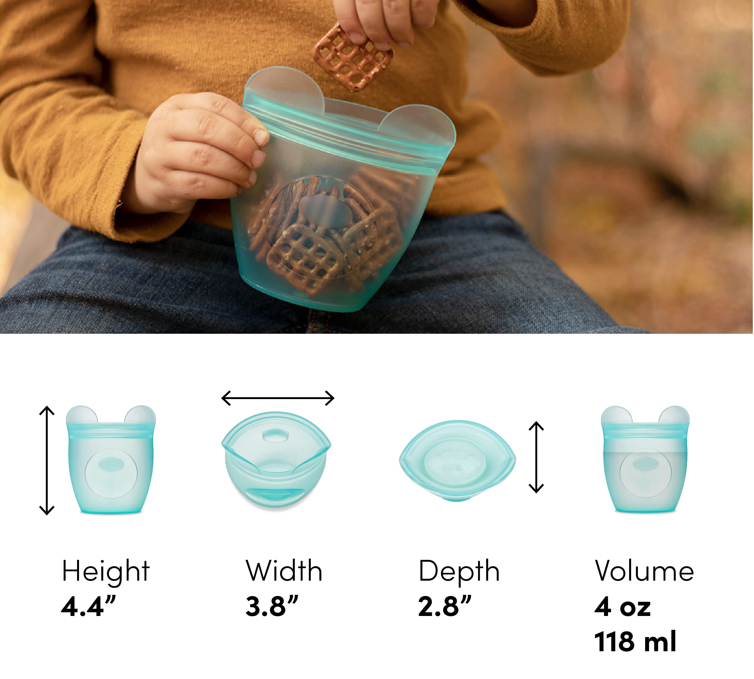 Zip Top Reusable 100% Silicone Baby + Kid Snack Containers - The only containers that stand up, stay open and zip shut! No Lids! Made in the USA - Teal Bear