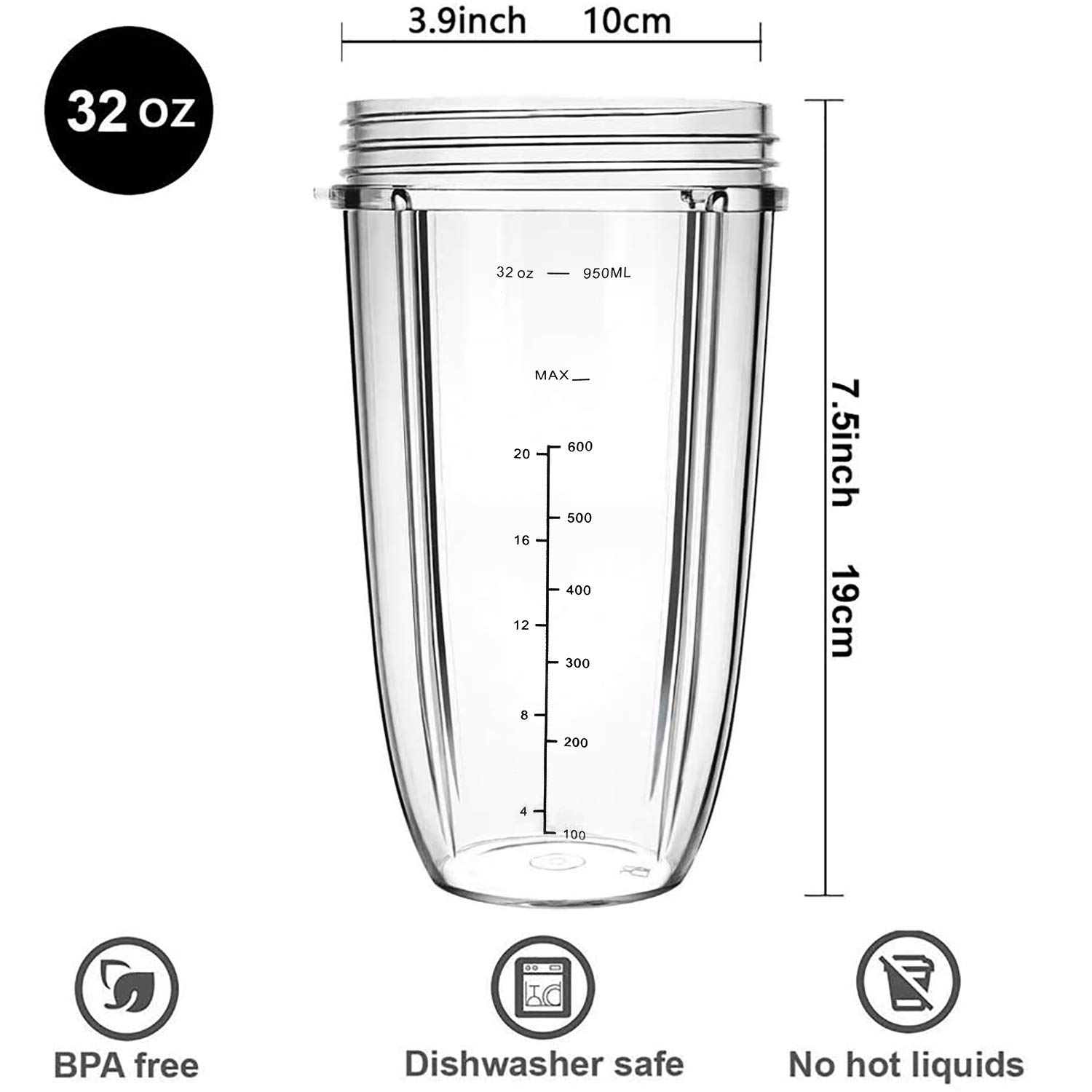 Blender Replacement Parts for Nutribullet Blender, 32OZ Cup with Replacement Extractor Blade Compatible with Nutribullet 600W 900W Blenders