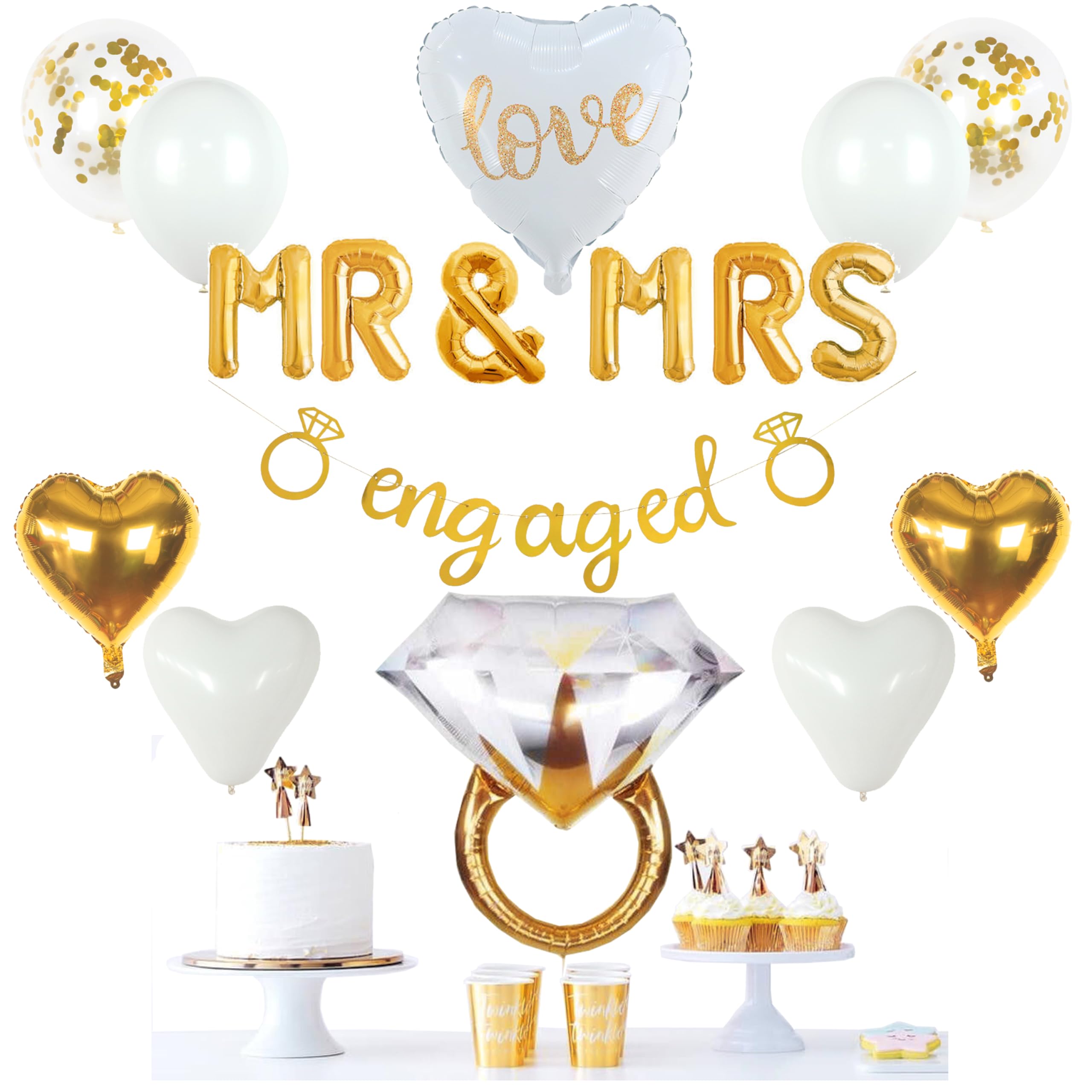 Vidal Crafts Gold Engagement Party Decorations - White & Gold Decor with Engaged Banner, Mr and Mrs Balloons, Latex Heart Confetti Balloons, Engagement Ring - Gold Themed Engagement Decorations