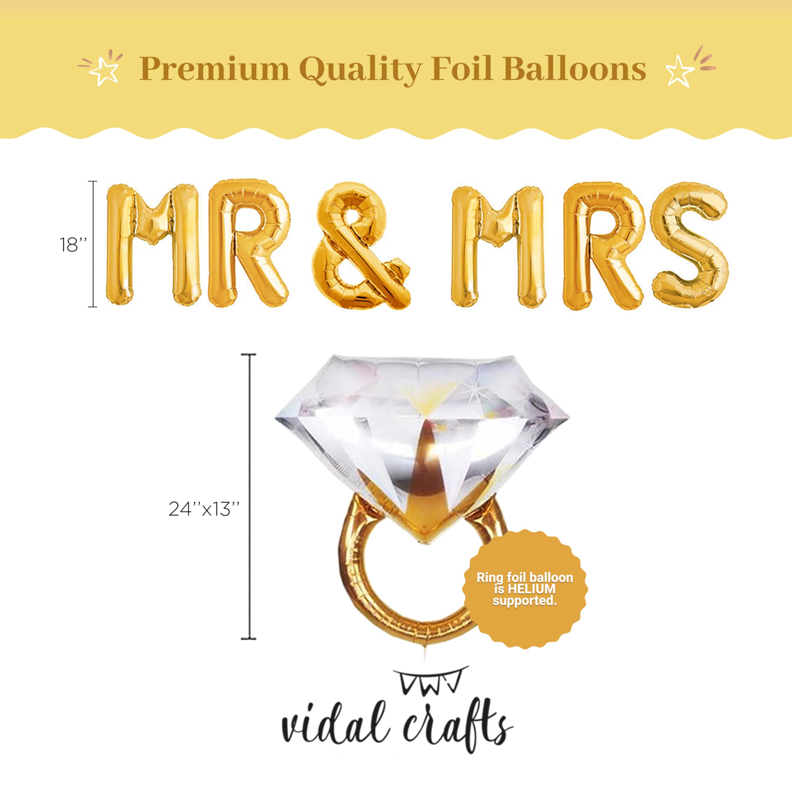 Vidal Crafts Gold Engagement Party Decorations - White & Gold Decor with Engaged Banner, Mr and Mrs Balloons, Latex Heart Confetti Balloons, Engagement Ring - Gold Themed Engagement Decorations