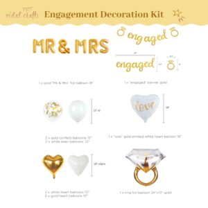 Vidal Crafts Gold Engagement Party Decorations - White & Gold Decor with Engaged Banner, Mr and Mrs Balloons, Latex Heart Confetti Balloons, Engagement Ring - Gold Themed Engagement Decorations