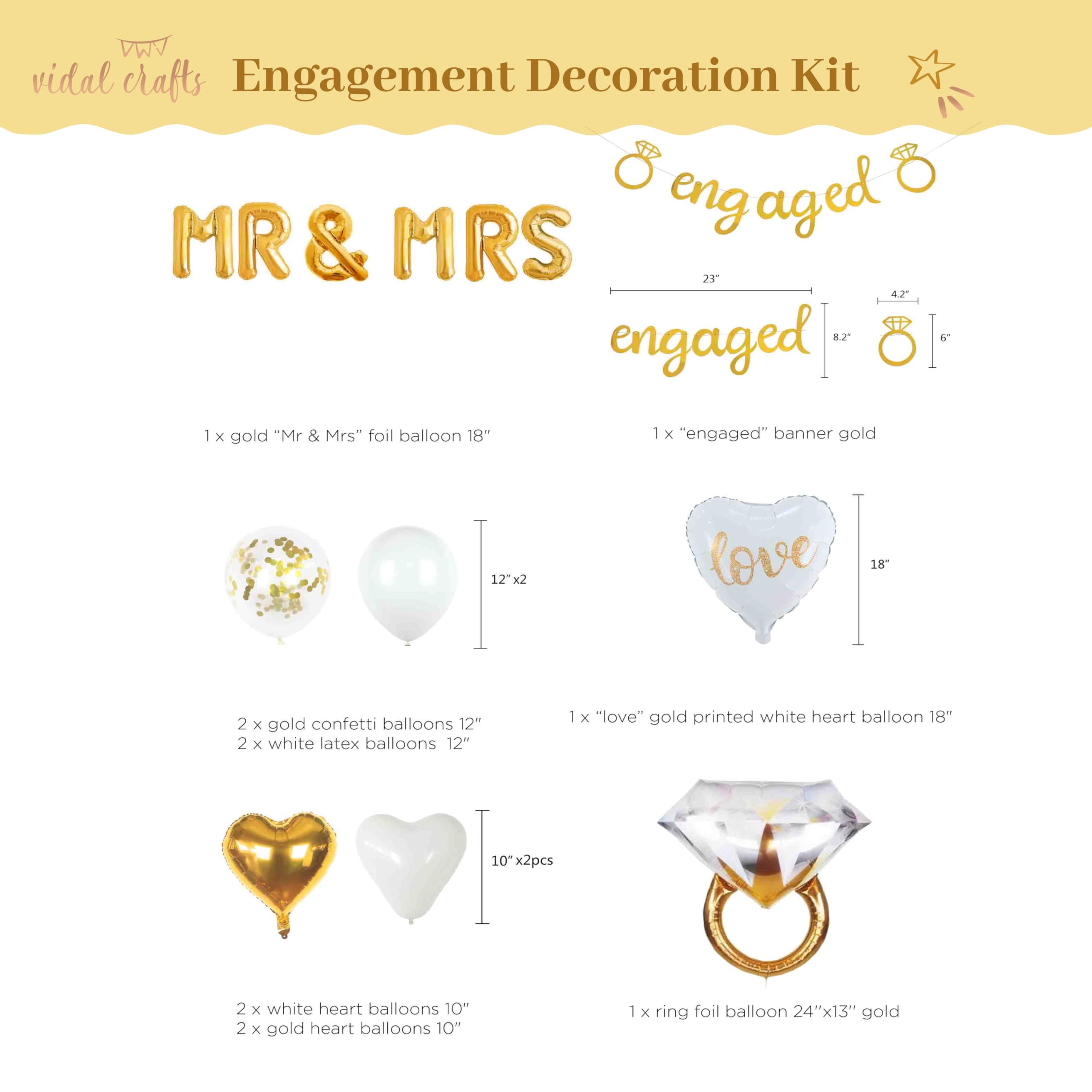 Vidal Crafts Gold Engagement Party Decorations - White & Gold Decor with Engaged Banner, Mr and Mrs Balloons, Latex Heart Confetti Balloons, Engagement Ring - Gold Themed Engagement Decorations