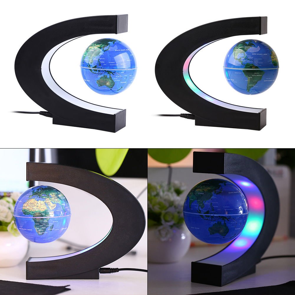 FUGEST Magnetic Floating Globe Levitation 4inch Floating Globe Led Light World Map with C Shape Base (Blue 4" Globe)