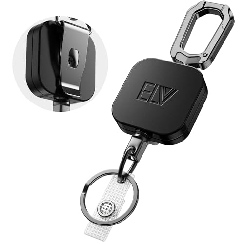 ELV Retractable ID Badge Holder, Heavy Duty Metal Body and Dyneema Cord, Carabiner Key Chain Metal Keychain with Belt Clip and 31 inch Wire Extension, Hold Up to 15 Keys and Tools