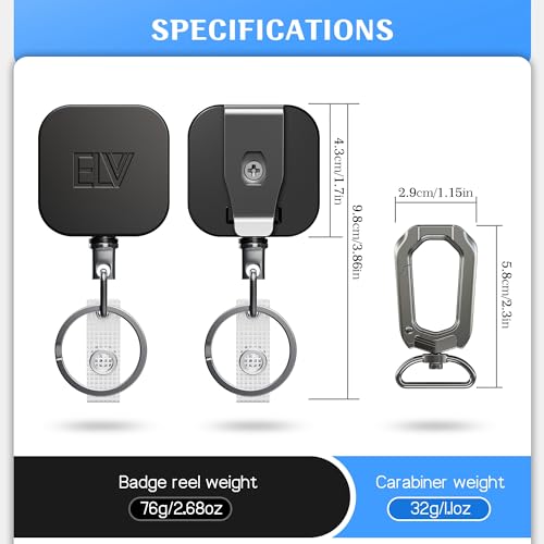 ELV Retractable ID Badge Holder, Heavy Duty Metal Body and Dyneema Cord, Carabiner Key Chain Metal Keychain with Belt Clip and 31 inch Wire Extension, Hold Up to 15 Keys and Tools