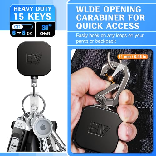 ELV Retractable ID Badge Holder, Heavy Duty Metal Body and Dyneema Cord, Carabiner Key Chain Metal Keychain with Belt Clip and 31 inch Wire Extension, Hold Up to 15 Keys and Tools