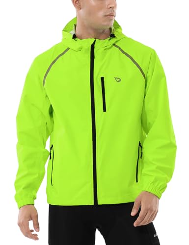 BALEAF Mens Cycling Rain Jacket Windbreaker Waterproof Running Gear Golf Mountain Biking Hood Lightweight Reflective Yellow L