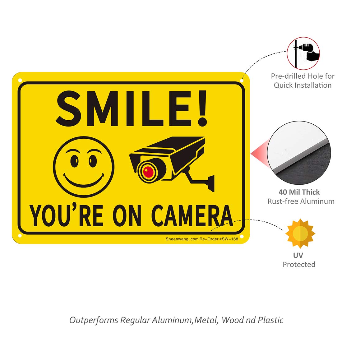 Sheenwang 2-Pack Smile You’re on Camera Sign, Video Surveillance Signs Outdoor, UV Printed .040 Mil Rust Free Aluminum 10 x 7 in, Security Camera Sign for Home, Business, Driveway Alert, CCTV