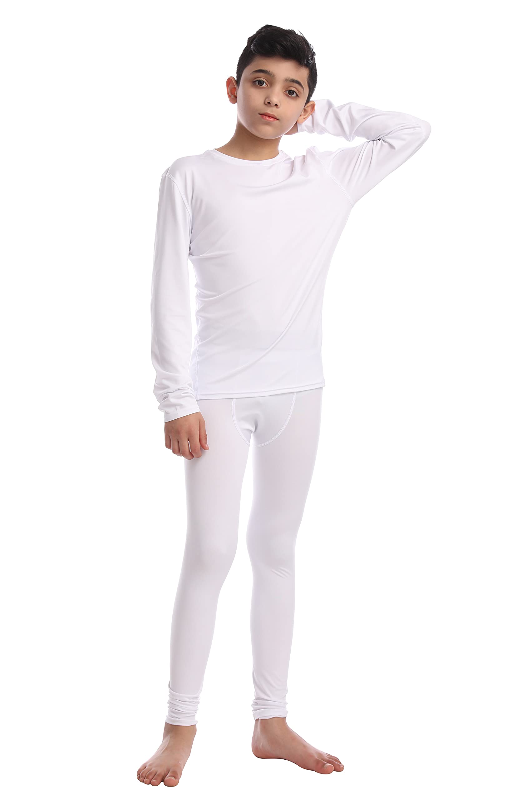 CVVTEE Boys Athletic Base Layer Compression Underwear Set 2pcs Thermal Long John for Kids (10(Height:51.18"-55.12"), White)