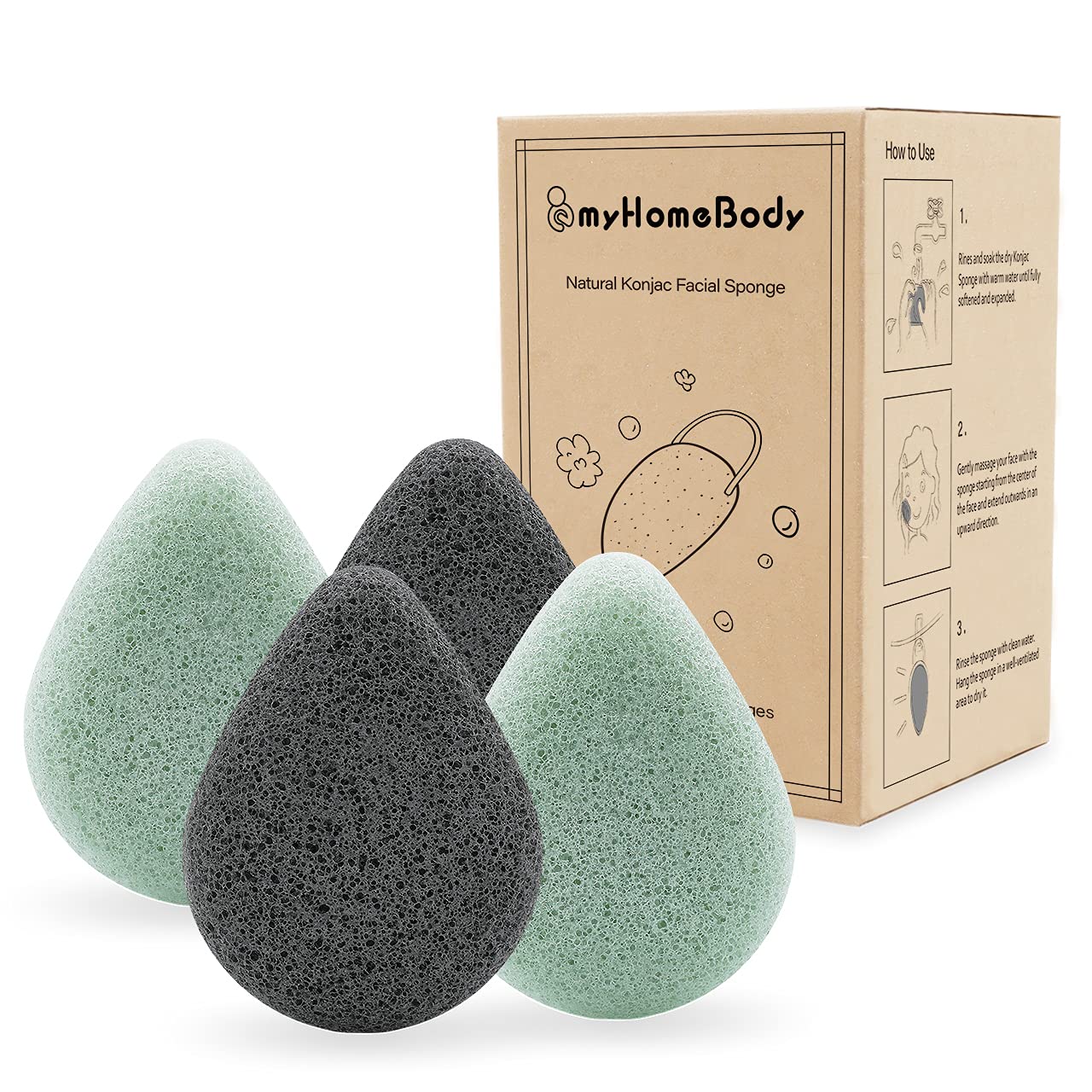 myHomeBody Natural Konjac Facial Sponges – Teardrop Shape - for Gentle Face Cleansing and Exfoliation - with Activated Charcoal and Aloe Vera, 4pc Set