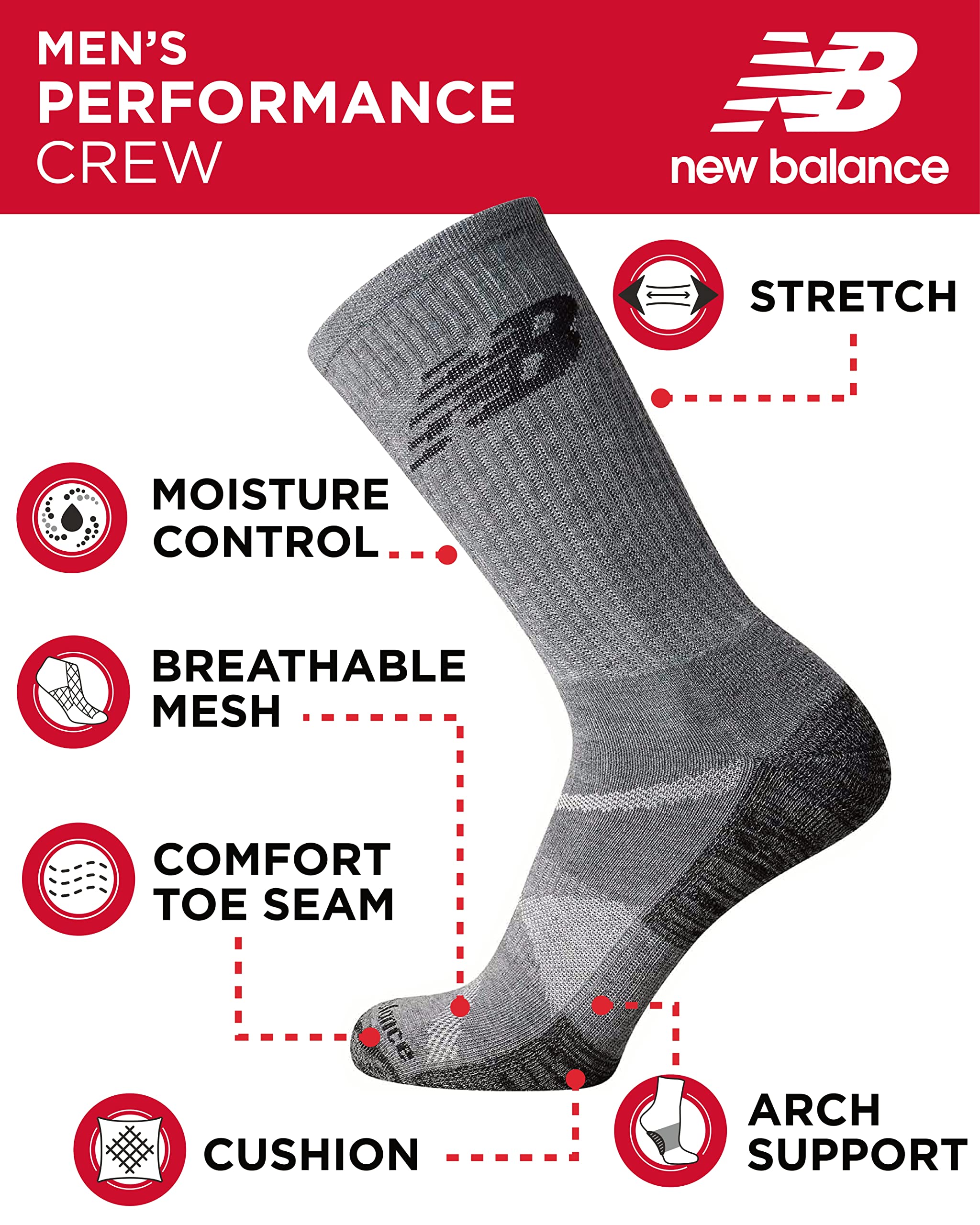 New Balance Men's Athletic Arch Compression Cushion Comfort Crew Socks (10 Pack), Size 6-12.5, White