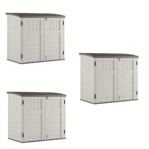 suncast 3 door large durable locking system horizontal storage shed stow away for garden, lawn, poolside and backyard, ivory (3 pack)