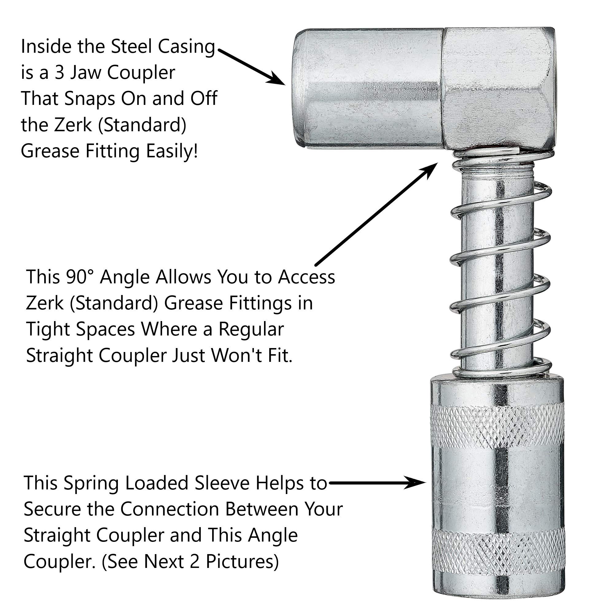 Slippery Pete 90 Degree Grease Coupler Snaps on to Grease Fittings in Tight Spaces